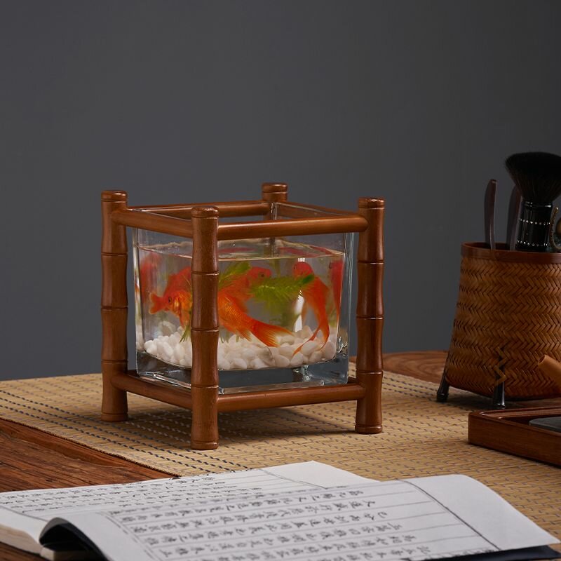 Стойка для маленького аквариума из бамбука, декор для чайной комнаты, настольная подставка для цветов, бонсай, зеленых растений, органайзер для стола