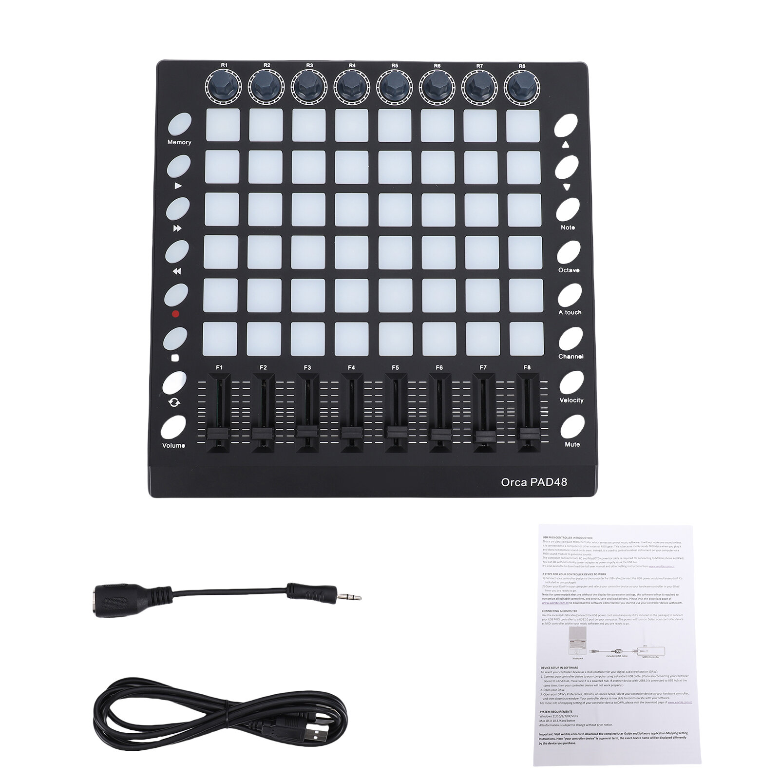 MIDI-контроллер WORLDE с пэдами для ударных, 48 RGB-подсветкой, чувствительностью к силе нажатия, 8 регуляторами и ползунками, 16 функциональными кнопками, USB-входом и выходом, портативный.