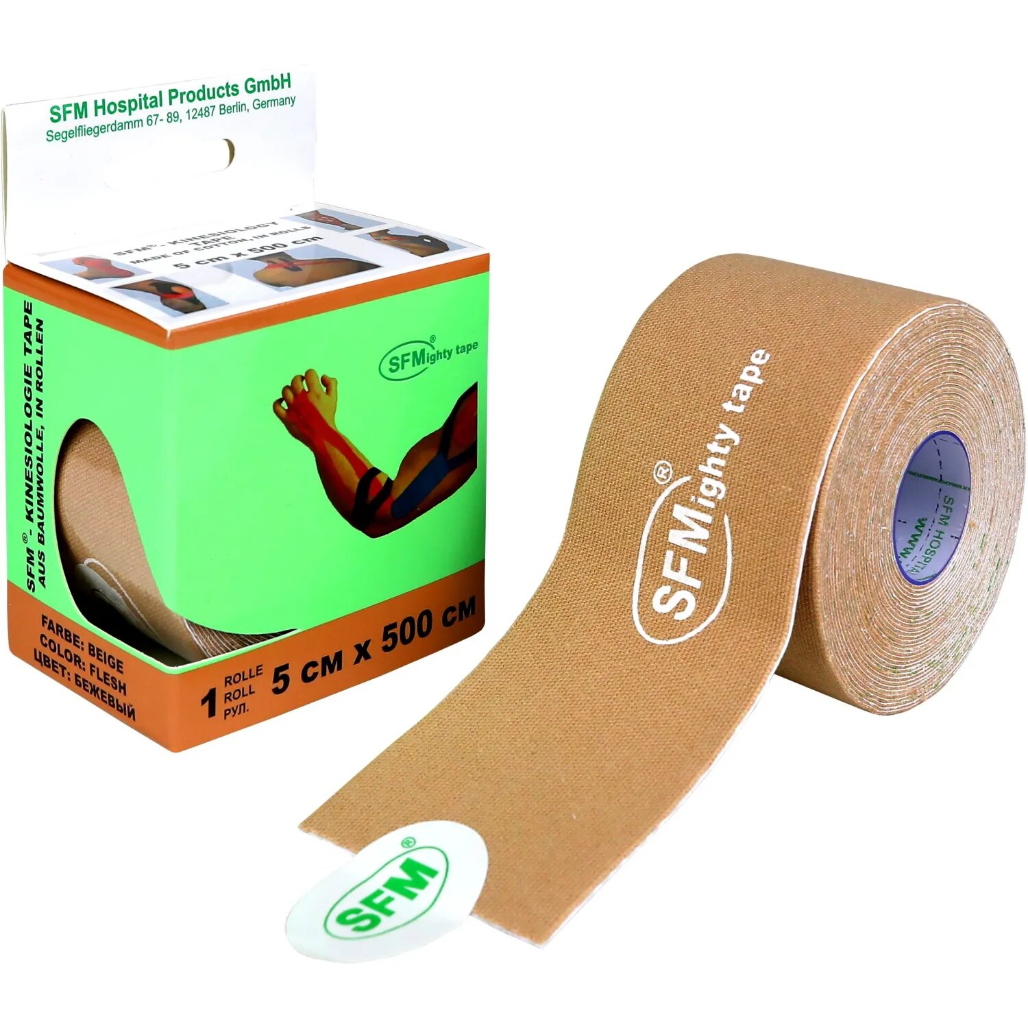 Тейп кинезио, хлоковая основа, 5х500 см, бежевый, SFM-Plaster