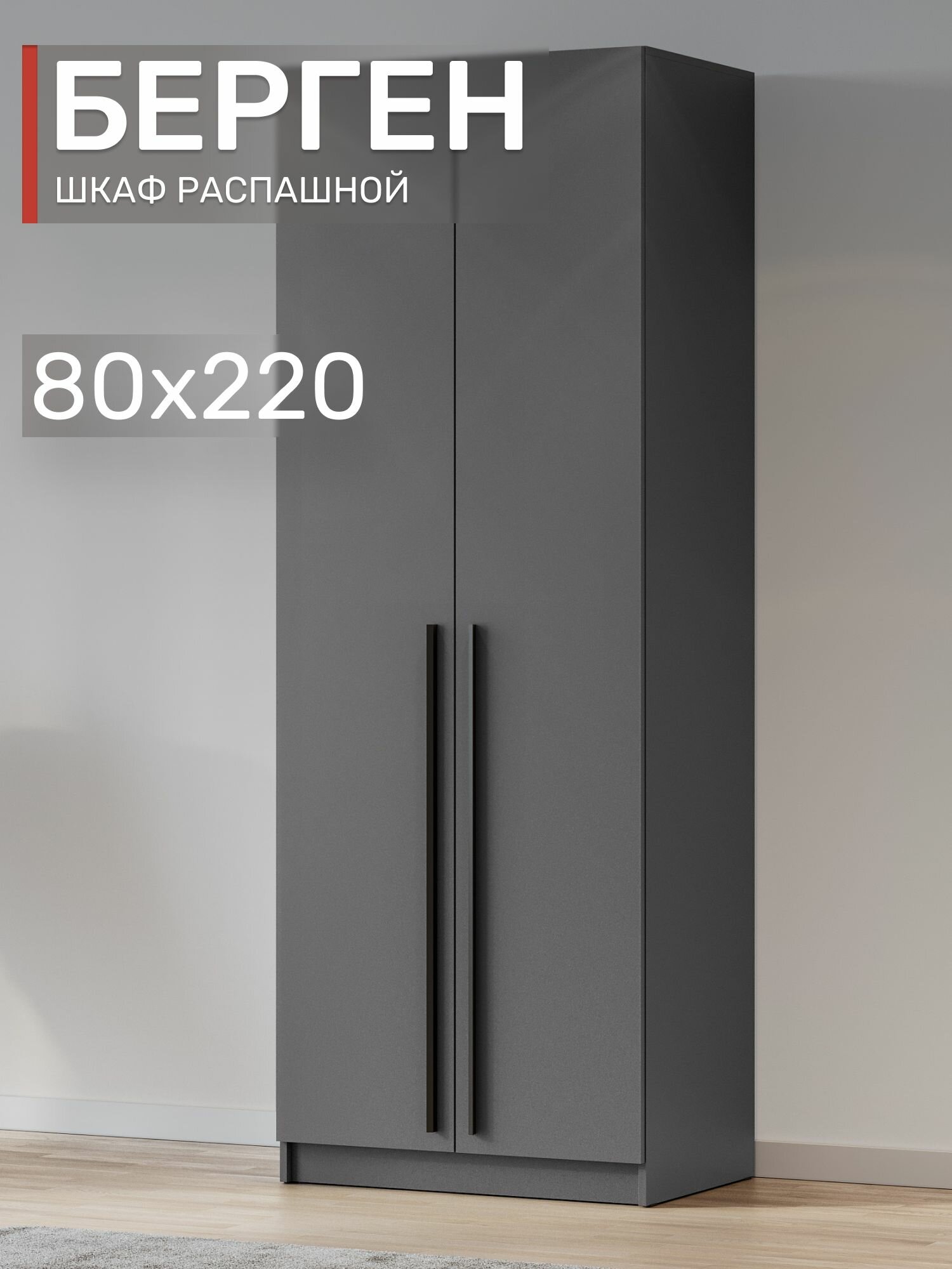 Шкаф распашной с полками и штангой, 80х220х52, Берген ШК-800.2, Графит