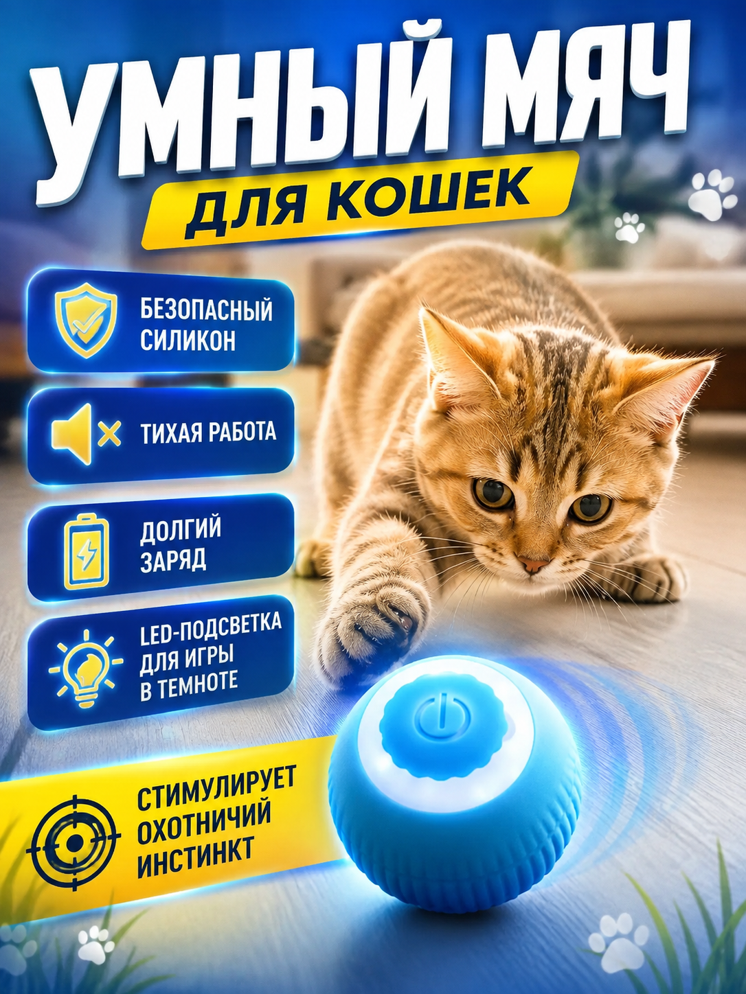 Интерактивный мячик для кошек и собак, LED-подсветка, голубой