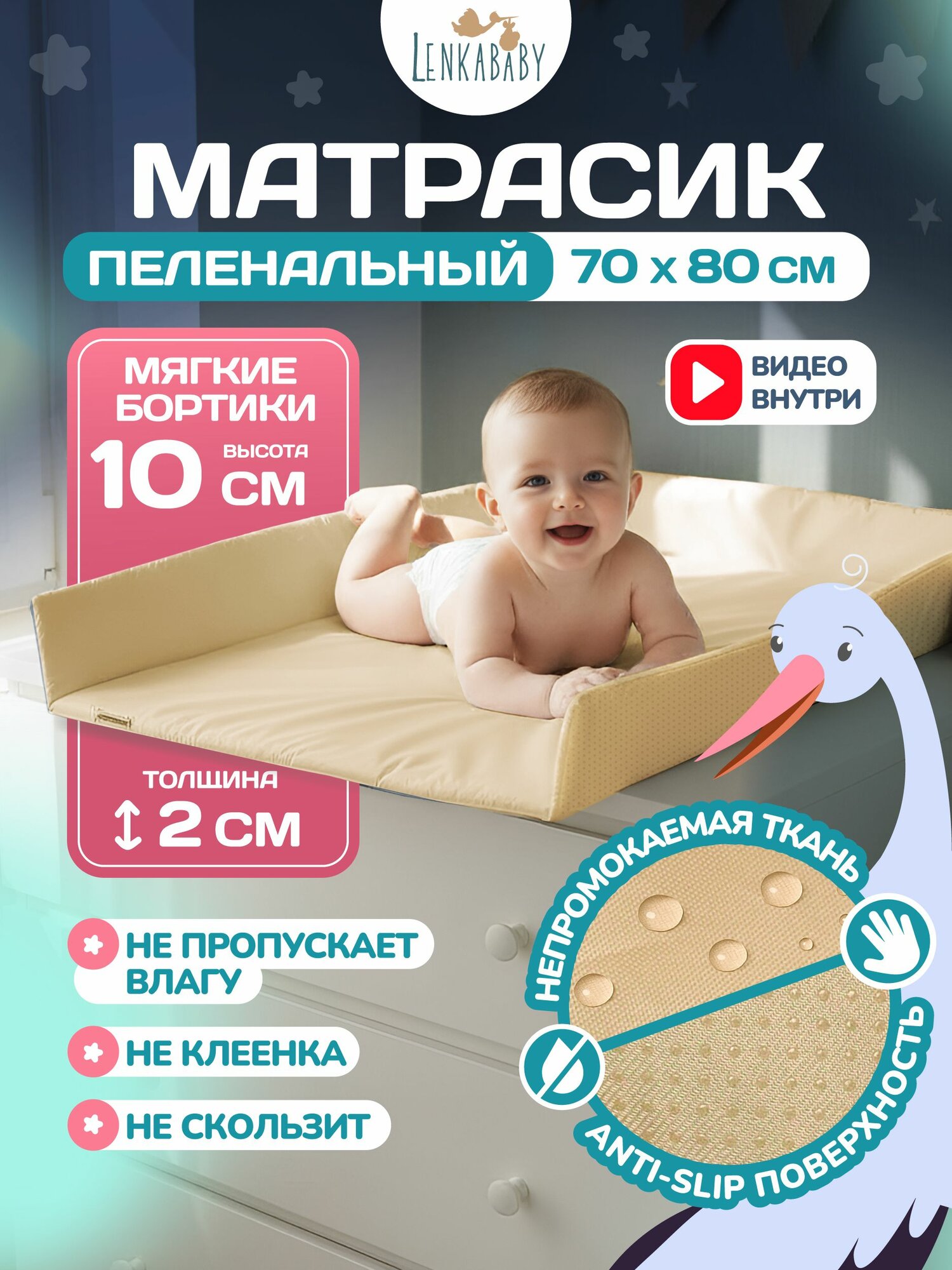 Матрас для пеленания водонепроницаемый 70*80 с бортиками и антислип поверхность