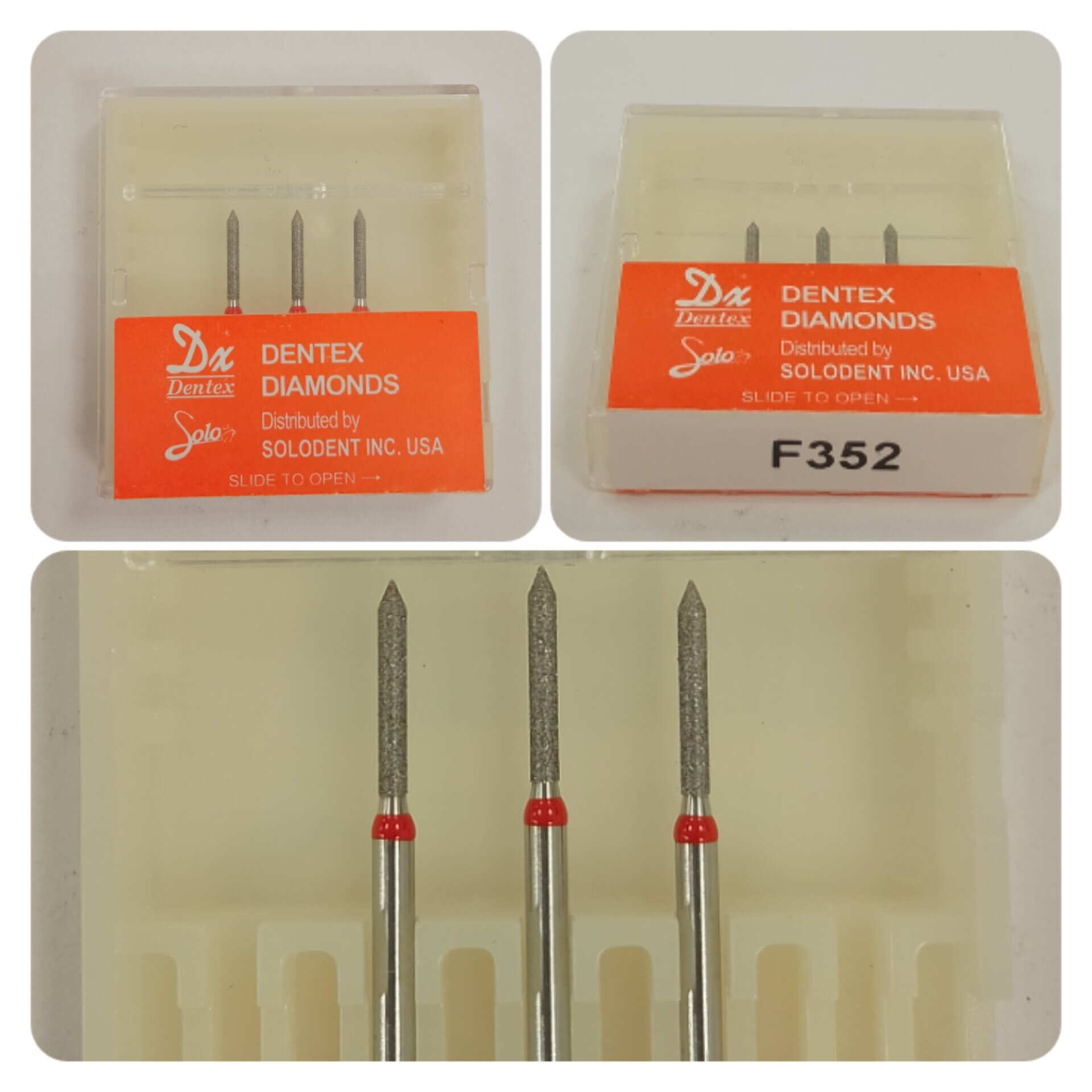 Боры стоматологические алмазные Dentex турбинные, цилиндр с усеченным концом, F 352 размер 012, красная насечка, 3 штуки