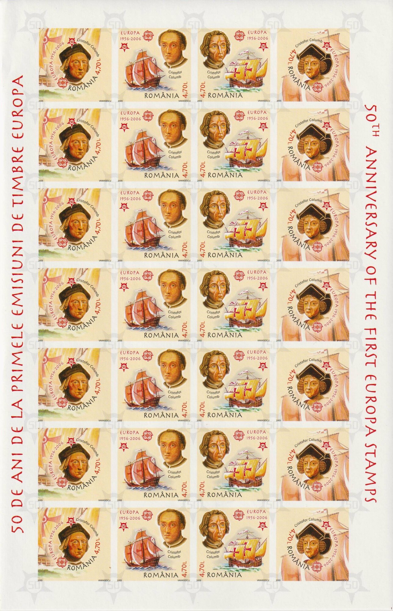 Почтовые марки Румыния 2005г. "Христофор Колумб, 50 лет первой марки Европы" Христофор Колумб, Корабли MNH