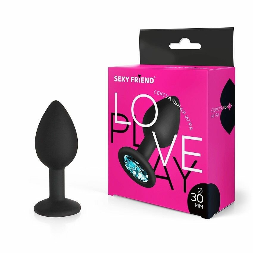 Черная силиконовая анальная втулка с голубым кристаллом - 7,3 см, голубой