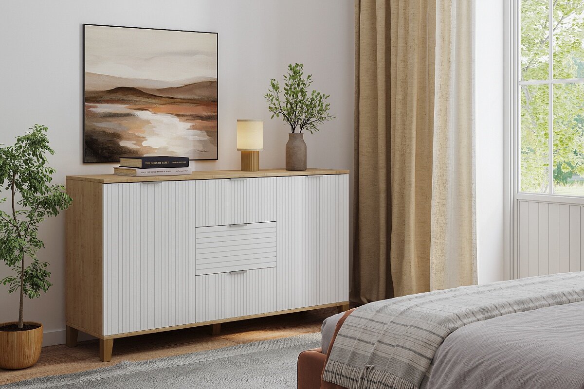 Комод МебельЛэнд24 Марвин 4.1 фрезеровка 8 Белый 140x40x80 двухдверный с 3 ящиками