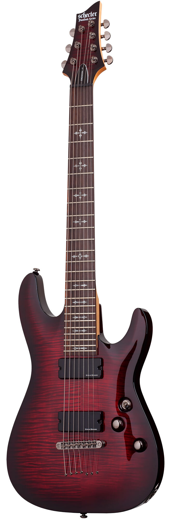 SCHECTER DEMON-7 CRB - 7-струнная электрогитара, 24 лада, корпус: липа, гриф: клён, накладка венге, на болтах, звукосниматели: HH Schecter Diamond Active HB-105S, регулировки: громкость, тон, 3х позиционный переключатель, Цвет гитары: Crimson Red Burst (CR