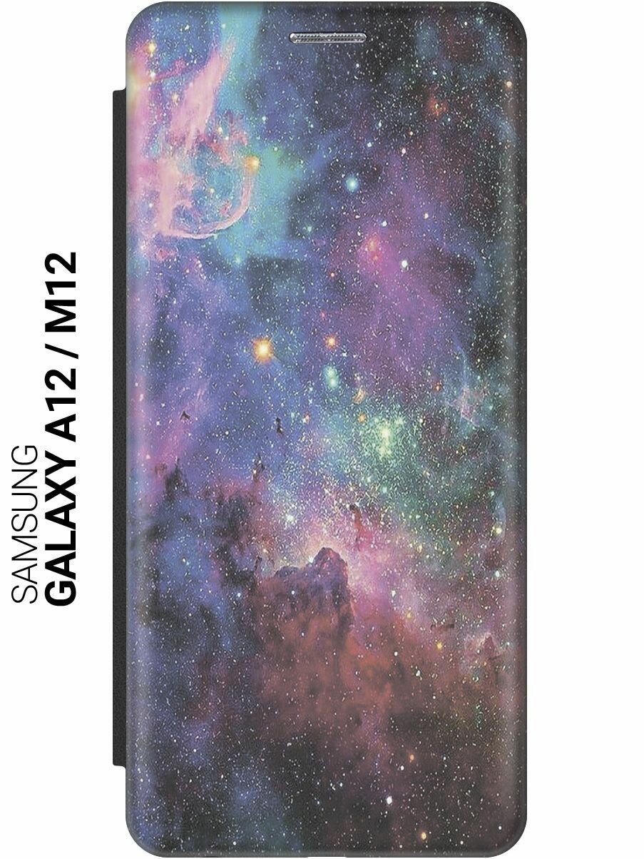 Чехол-книжка на Samsung Galaxy A12, M12, Самсунг А12, М12 с 3D принтом "Волшебный космос" черный