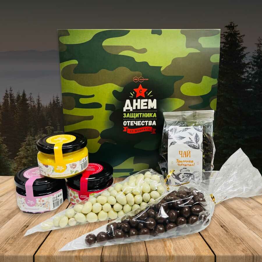 Подарочный набор "23 февраля Хаки " конф малин, мёд гречиш, крем-мёд с манго, чай, драже