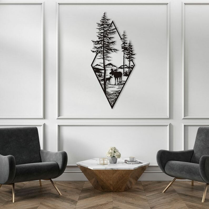 Декоративное панно деревянное, Олени в лесу (черный цвет)