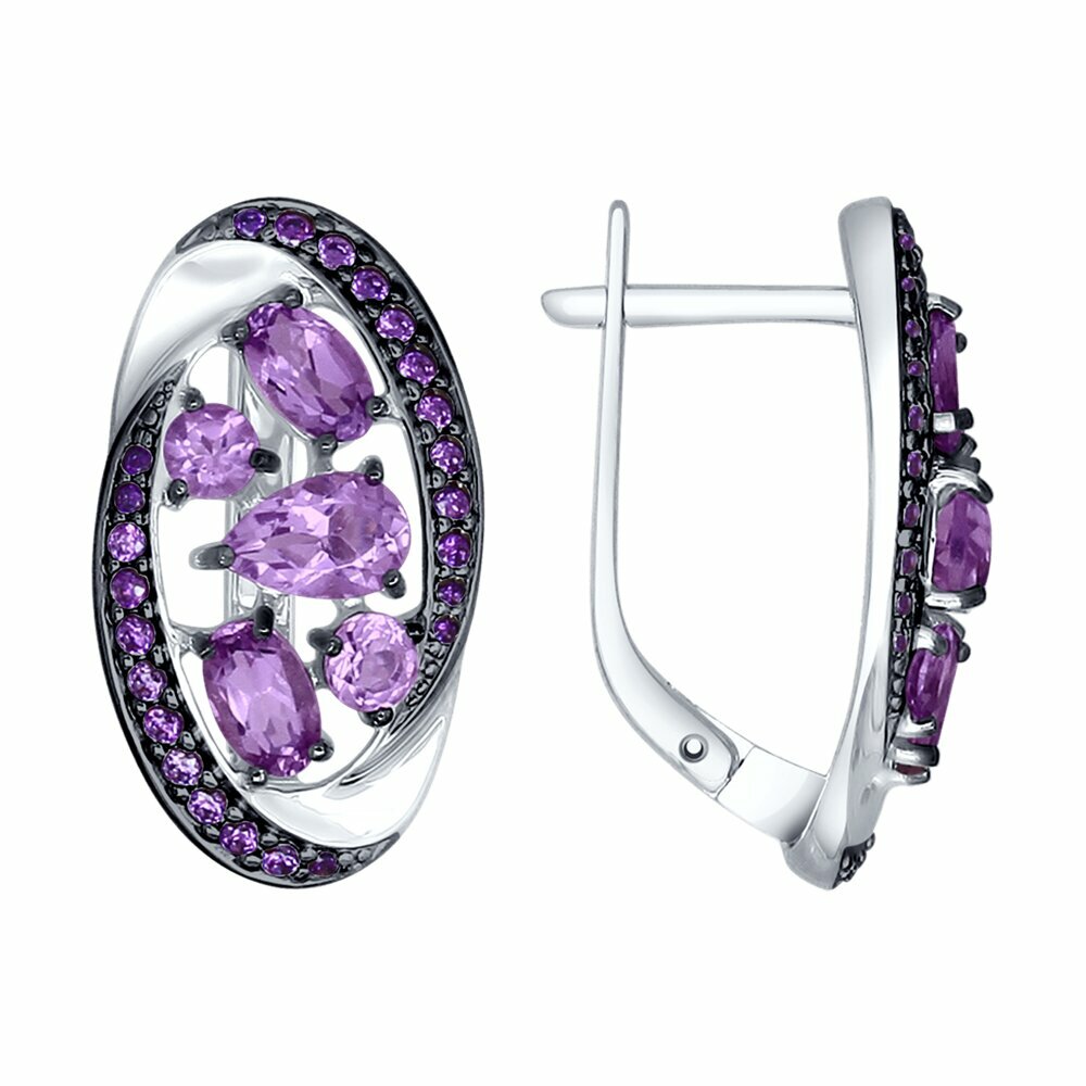 Серьги, серебро, 925 проба, родирование, фианит, аметист