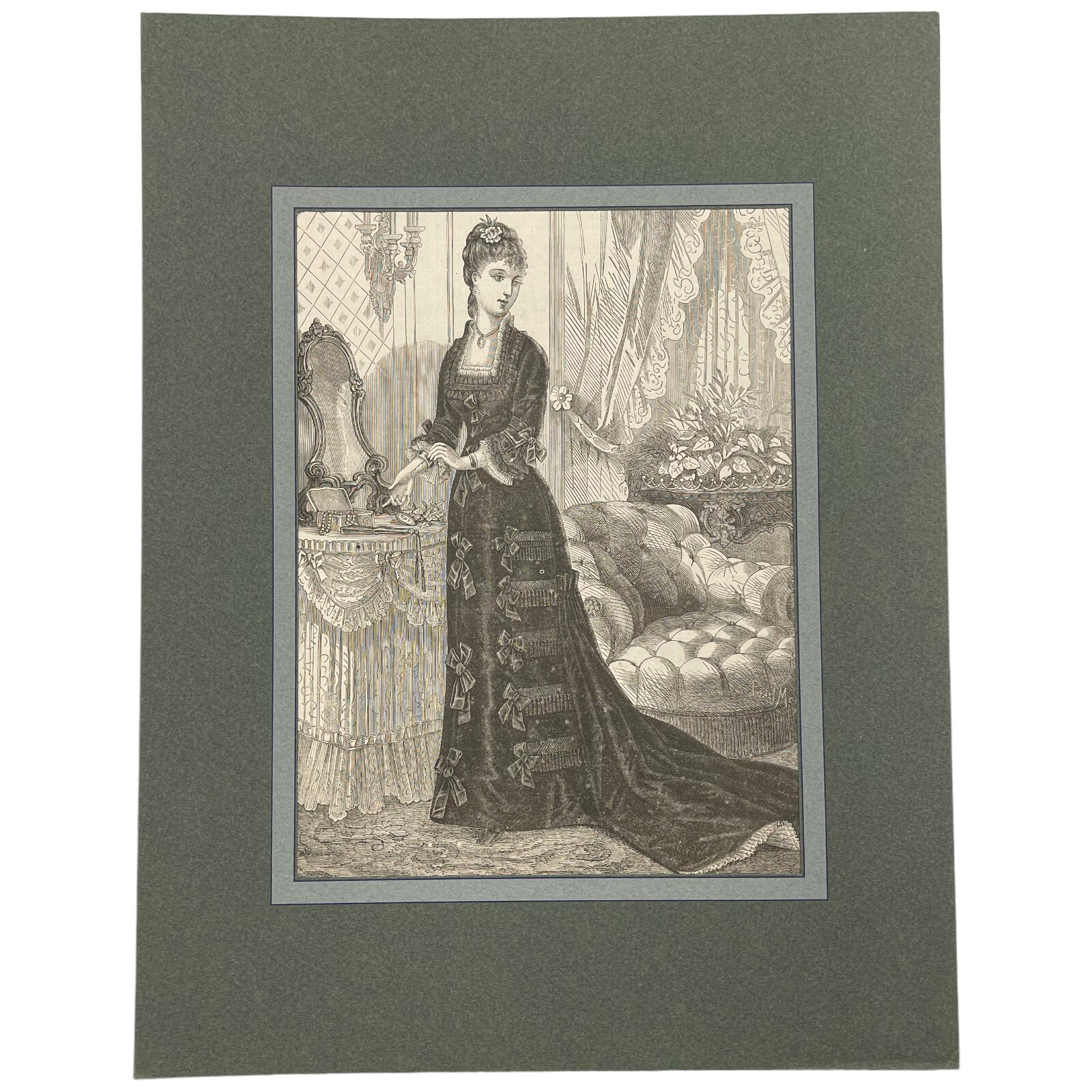 Гравюра "Robe en faye noire", из журнала мод, художник Paul Moutet, 1879-1893 г, Франция