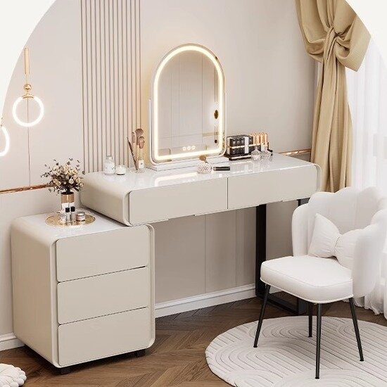 Туалетный столик из массива дерева в итальянском стиле Lione 100 см (100*40*75 см молочный столик белая столешница + тумба + зеркало + пуф или стул)