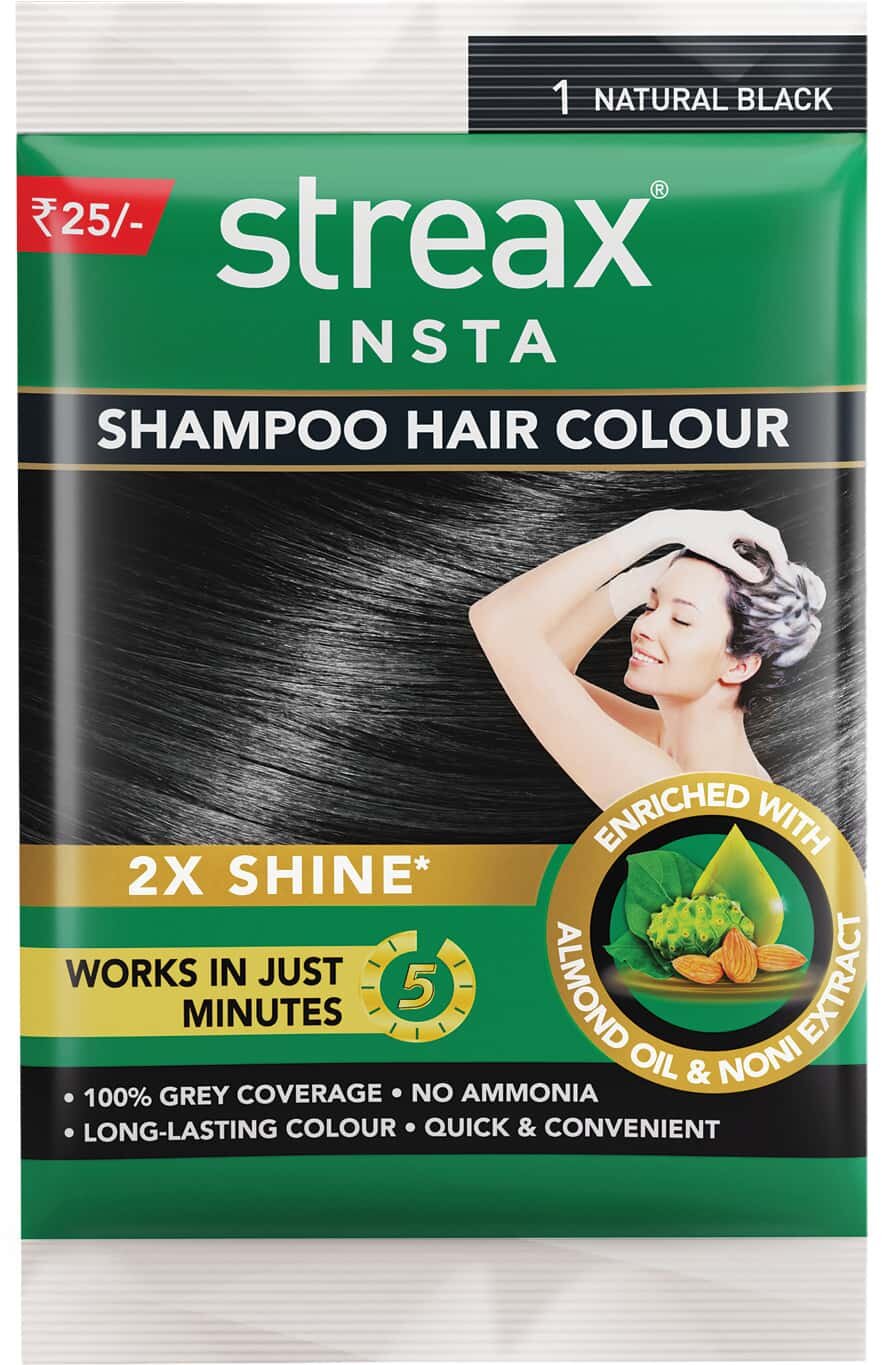 Streax INSTA Shampoo hair colour, NATURAL BLACK 1 (Шампунь-краска для волос, Окрашивание за 5 минут, натуральный черный), 6+6 мл.