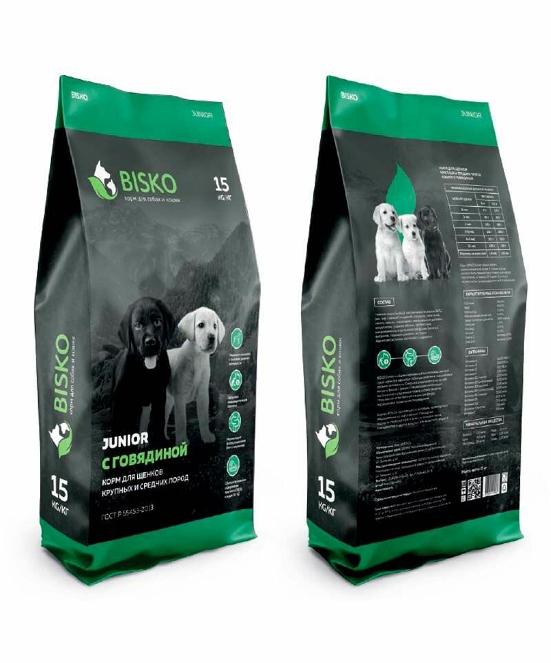 Биско Юниор с говядиной 15 кг. Сухой корм для щенков крупных и средних пород собак. в металлизированной упаковке