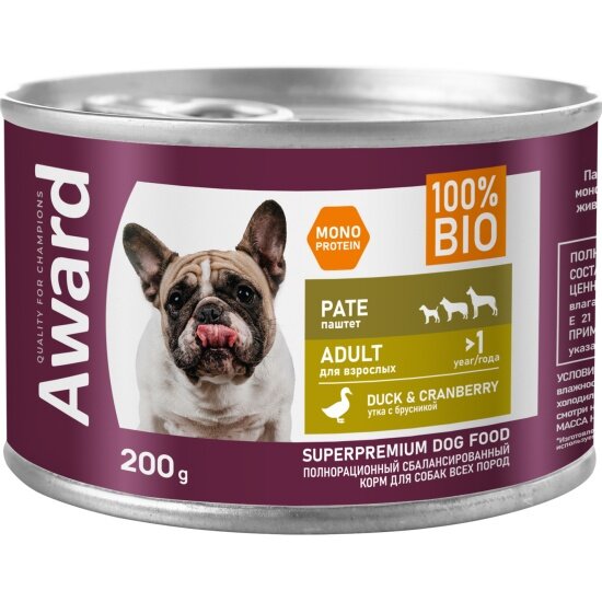 Корм влажный Award для взрослых собак паштет из утки с брусникой 200г