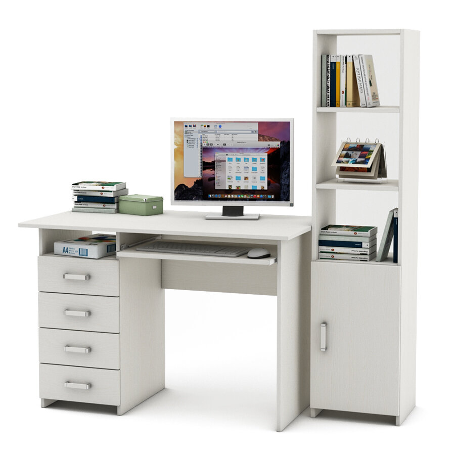 Стол письменный, компьютерный со стеллажом Лайт (Ньюкасл) 4К Белый