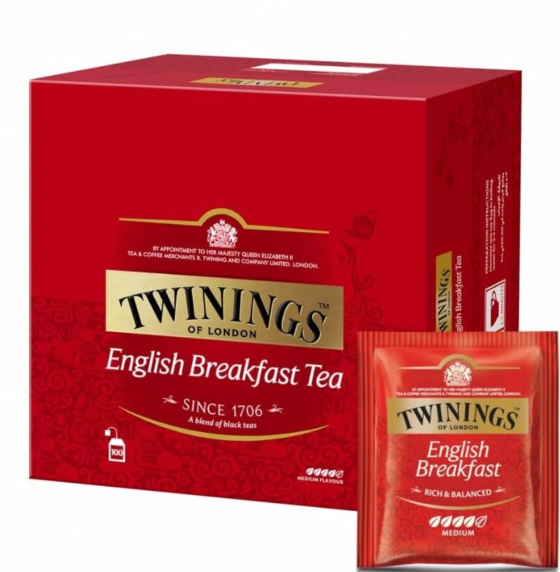 Чай Twinings "English Breakfast", черный, в пакетиках, 100шт, 2 г