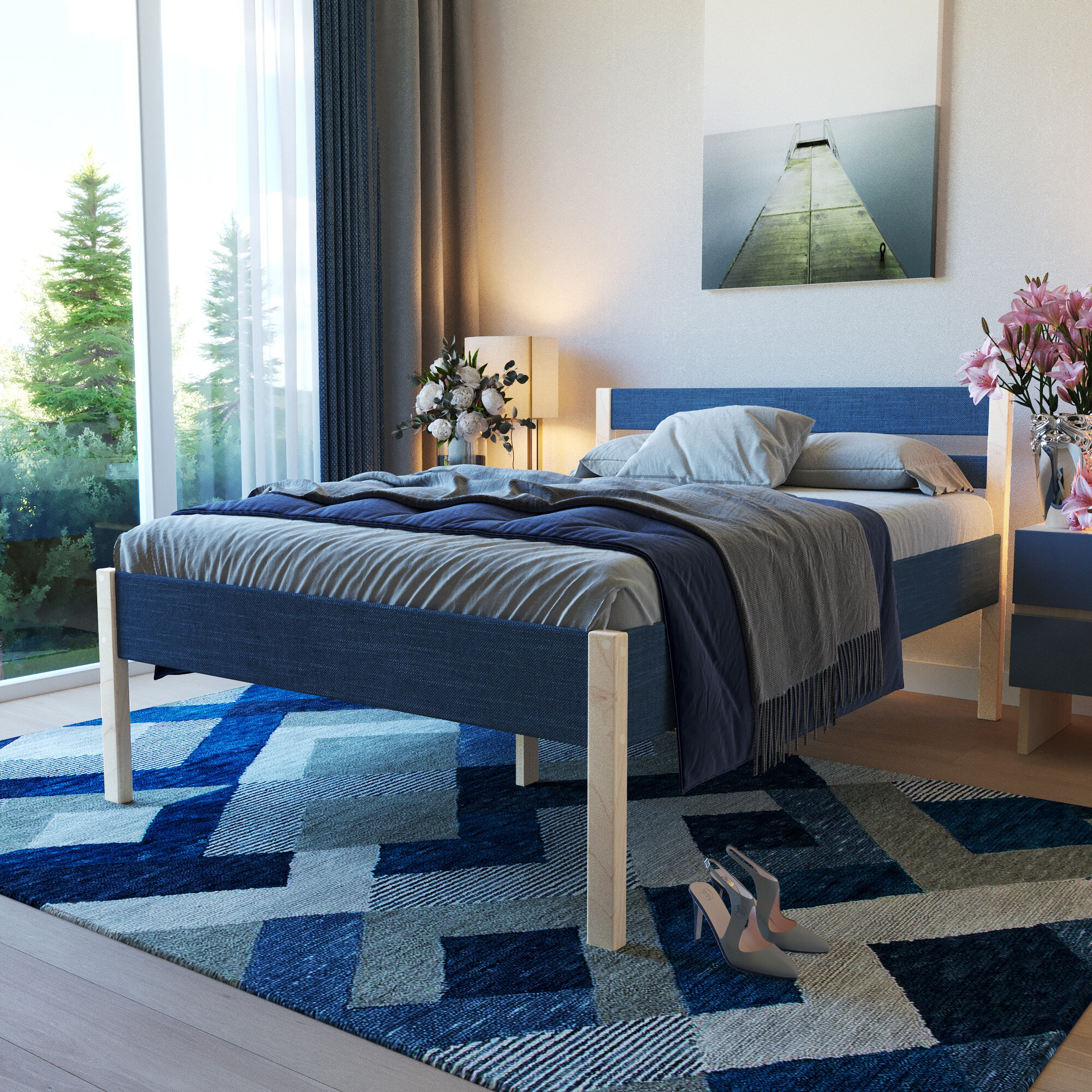 Кровать двуспальная, 140х190 см, Hansales, деревянная, высокая, из массива березы, ткань синяя