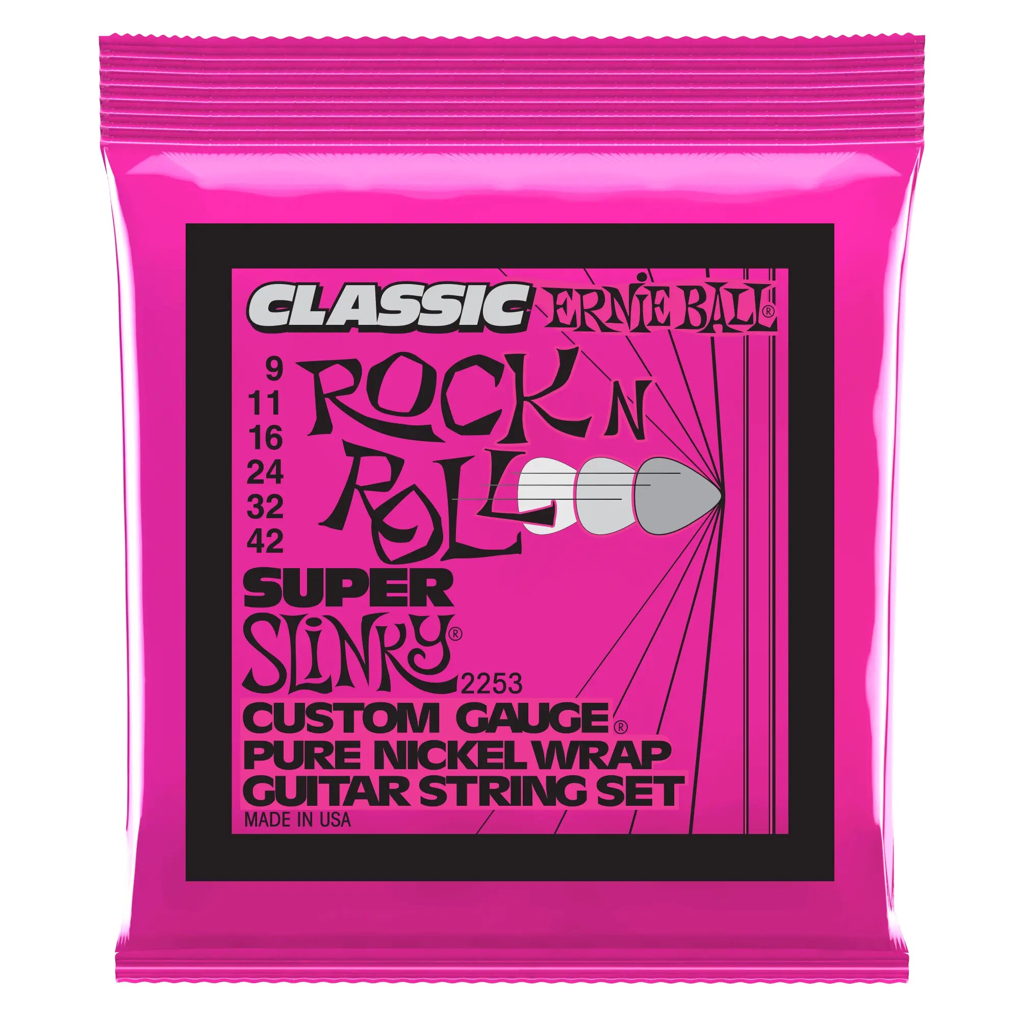 Струны для электрогитары, комплект из 6 струн, никель, Ernie Ball 2253 Classic Pure Nickel Super Slinky 9-42