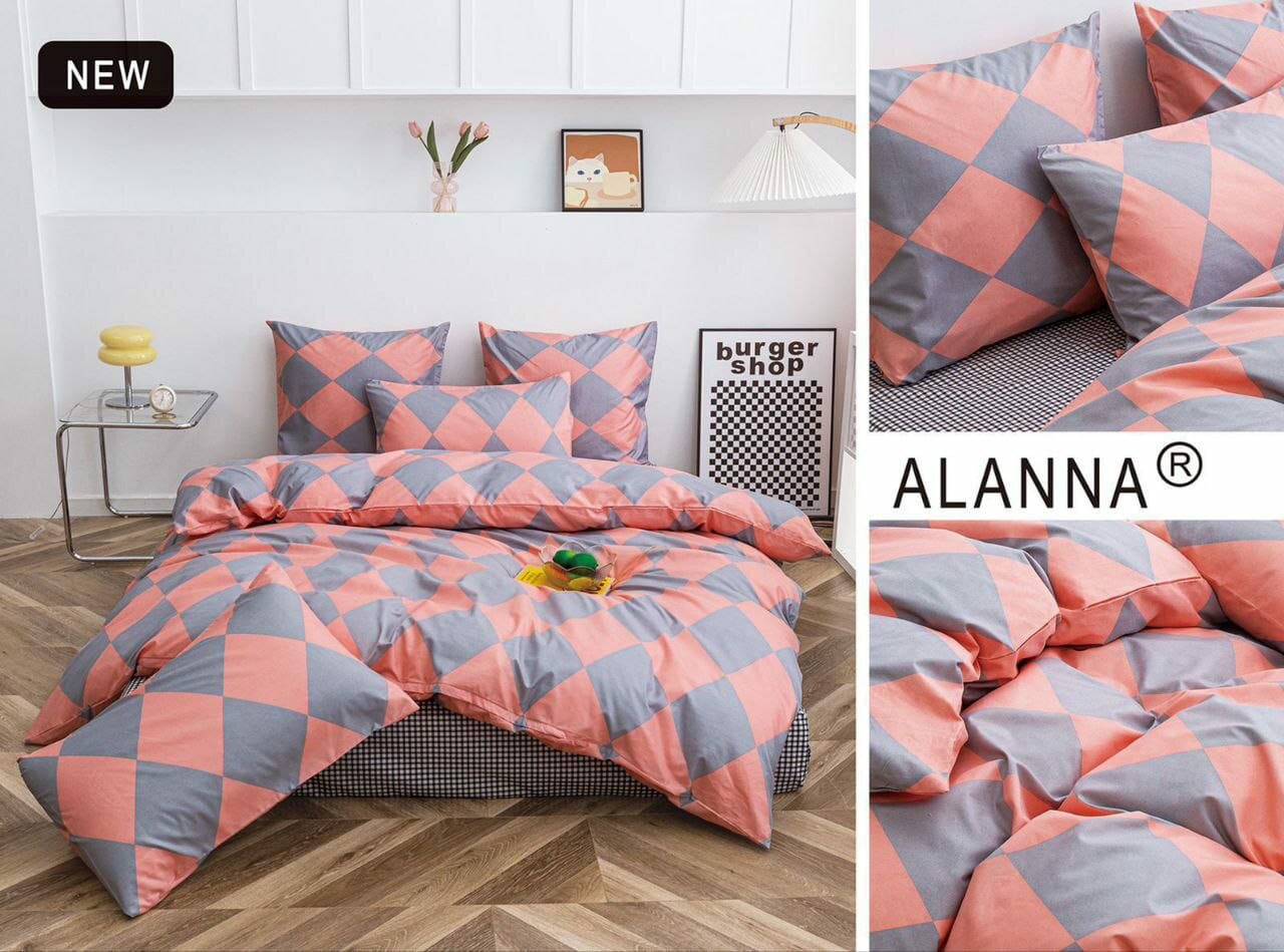 Комплект Постельного Белья Аланна 2х-Спальное Серо-розовые ромбы/ Двуспальное / простыня 200x220 / пододеяльник 180x220 / Наволочки 70x70-2