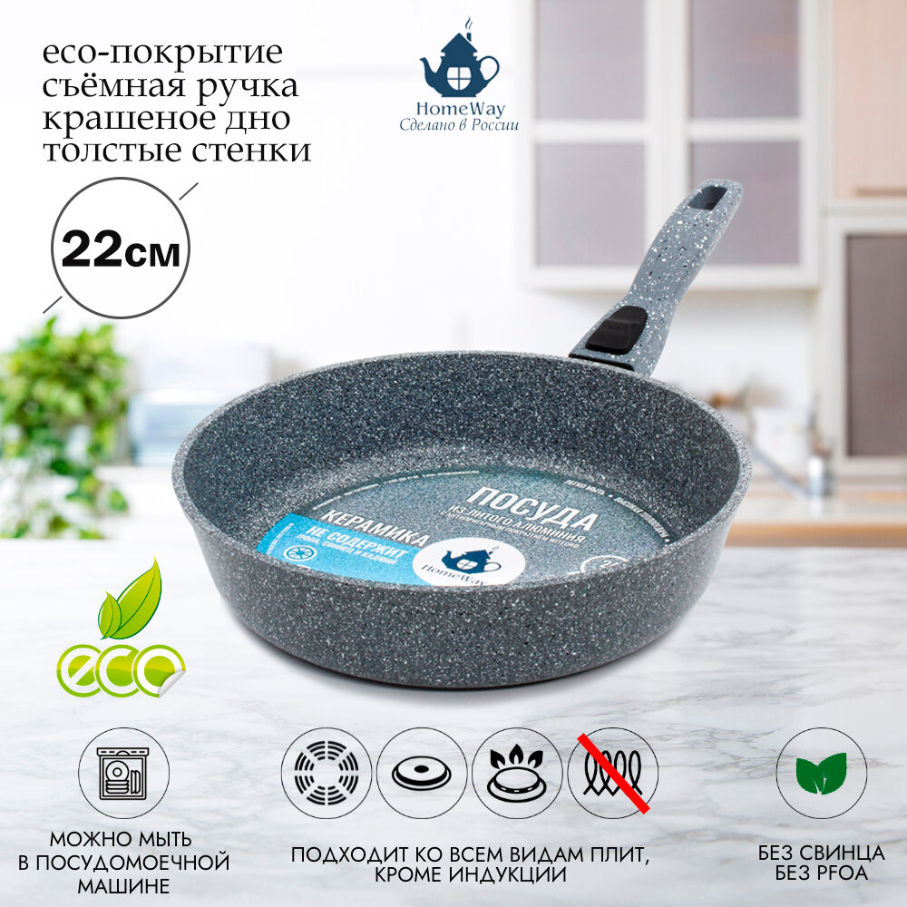 Сковорода литая 22 см, серия керамика, с антипригарным покрытием, съемная ручка, HomeWay