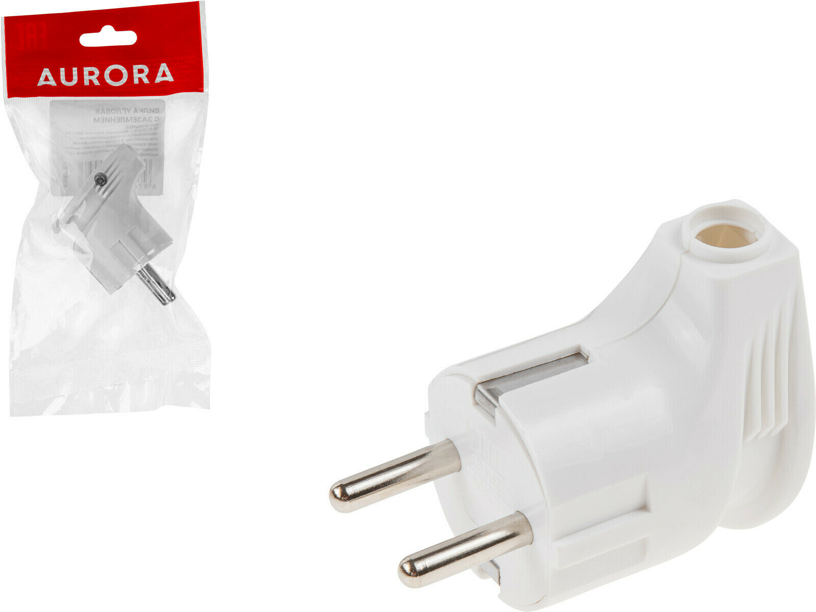 Вилка электрическая угловая (с/з, 16А, 250В) белая, AURORA (A100-005)