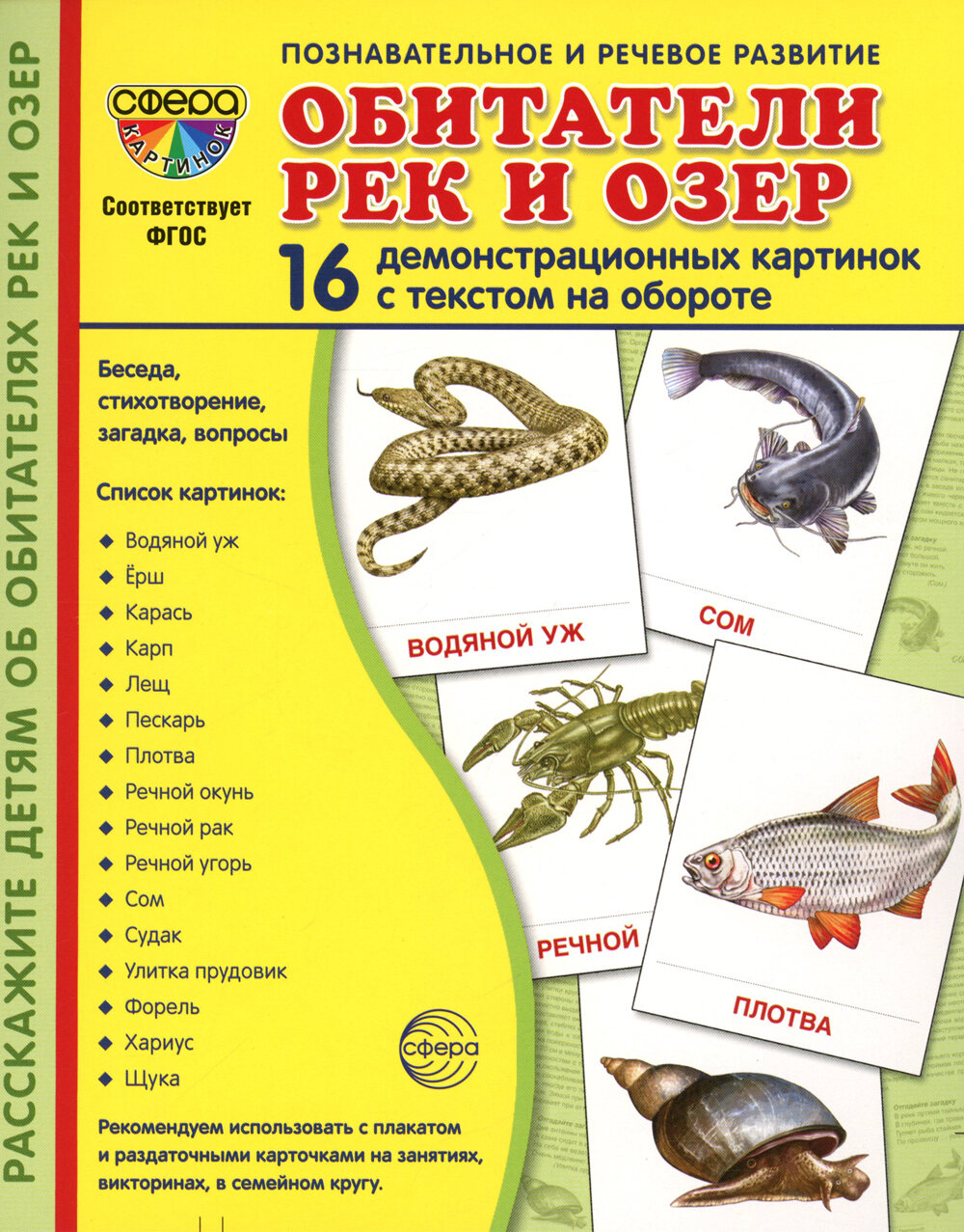 Демонстрационные картинки. Обитатели рек и озер: 16 демонстрационных картинок с текстом. Цветкова Т. В. Творческий центр Сфера