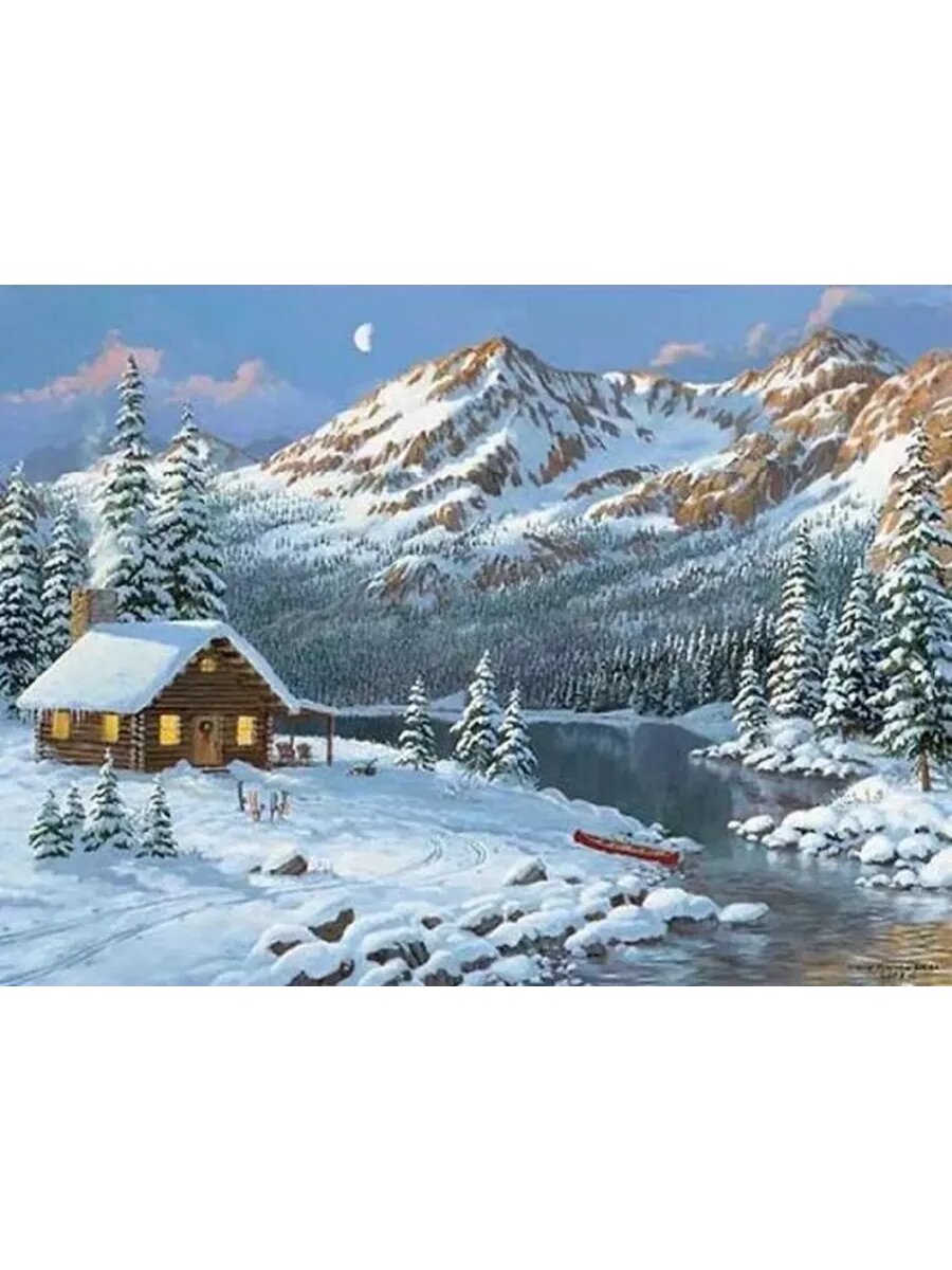 Алмазная мозаика на подрамнике/Картина стразами "Домик в горах", 30х40 см, сложность 5, цветов 20