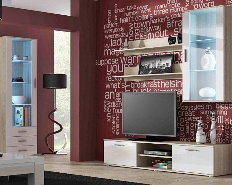 Гостиная Сохо 11 Белый Фасадный 0101 / Дуб Сонома 3025 NEW 240x41x192 см, GOODFORM