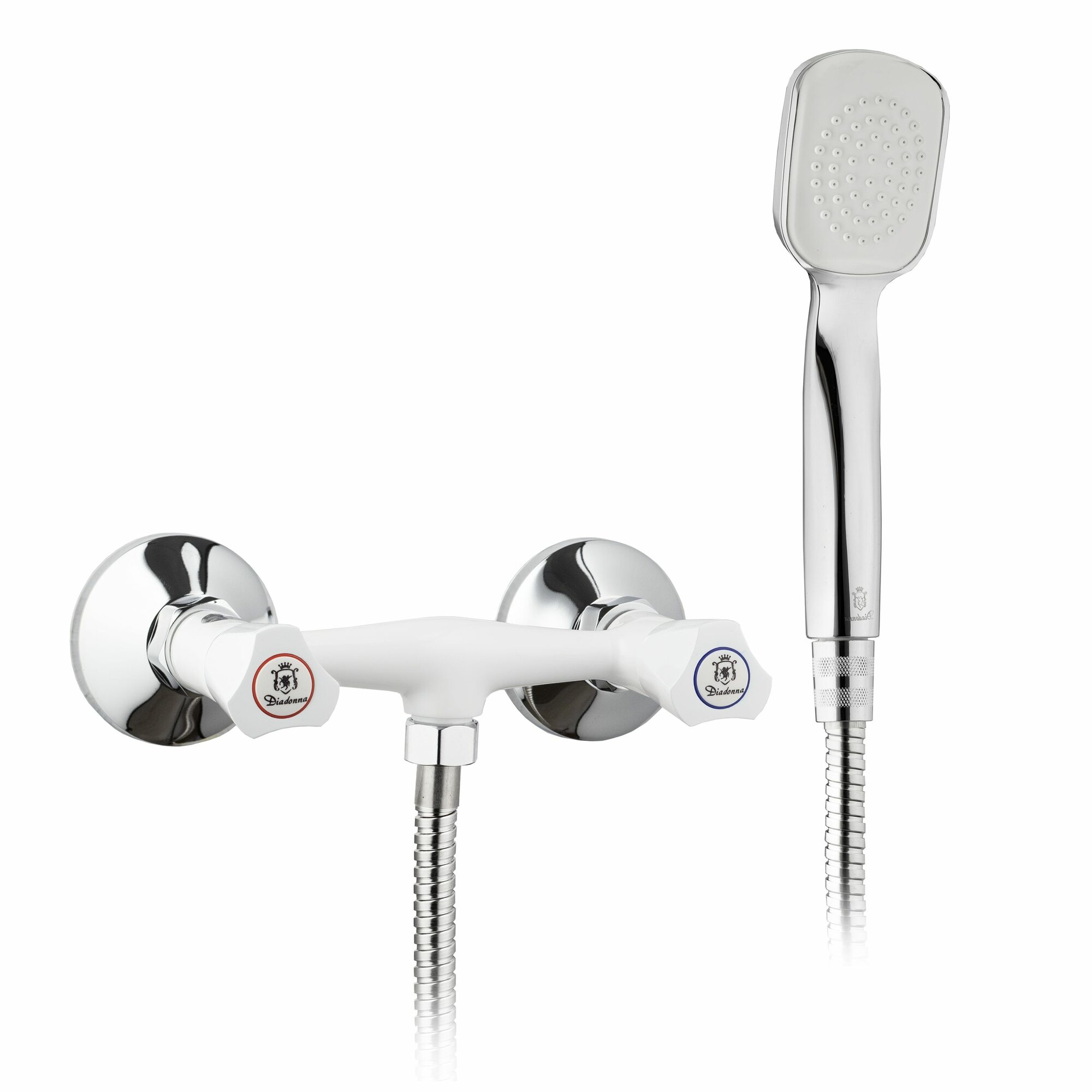 Смеситель для душа с вентильными ручками, белый с хромированной лейкой