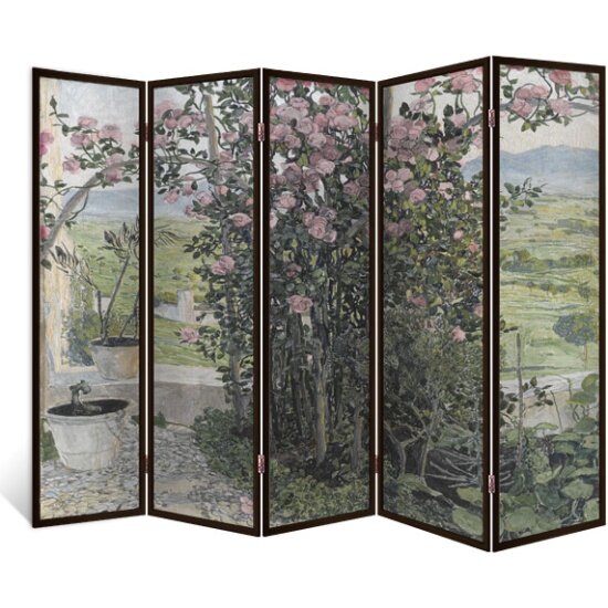 Ширма перегородка Декор Депо для комнаты деревянная "Умбрийская долина" двухсторонняя с картинкой (живопись) 5 створок венге 176х230 см 18 кг