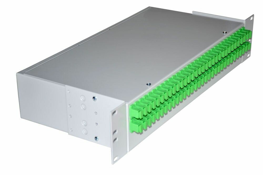 Кросс стоечный оптический VIMCOM 19' укомплектованный 2U, 64 порта SC/APC, 9/125 мкм (сплайс-кассета, пигтейлы, адаптеры, КДЗС), сплошная панель, серый