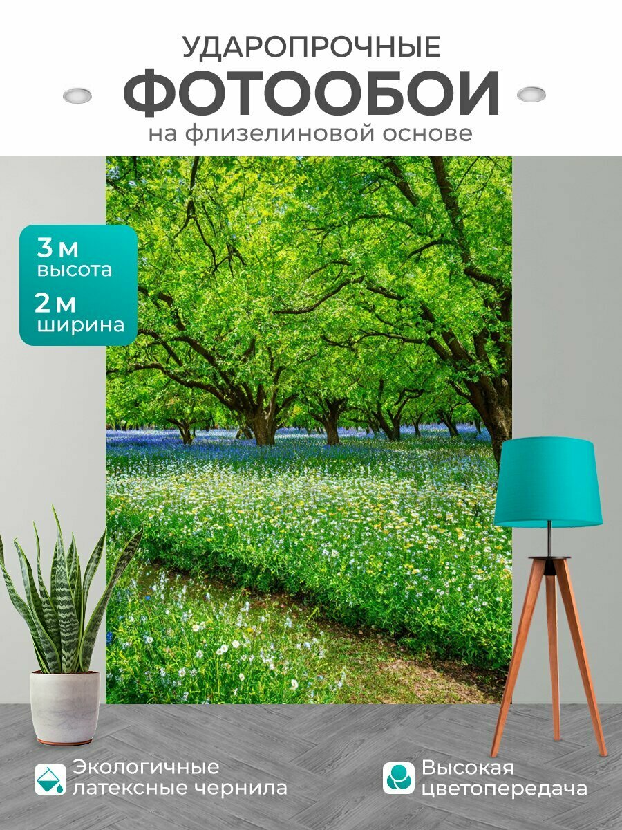 Фотообои моющиеся ударопрочные "Роща, окруженная цветами и зеленью" 200x300 см. флизелиновые на стену