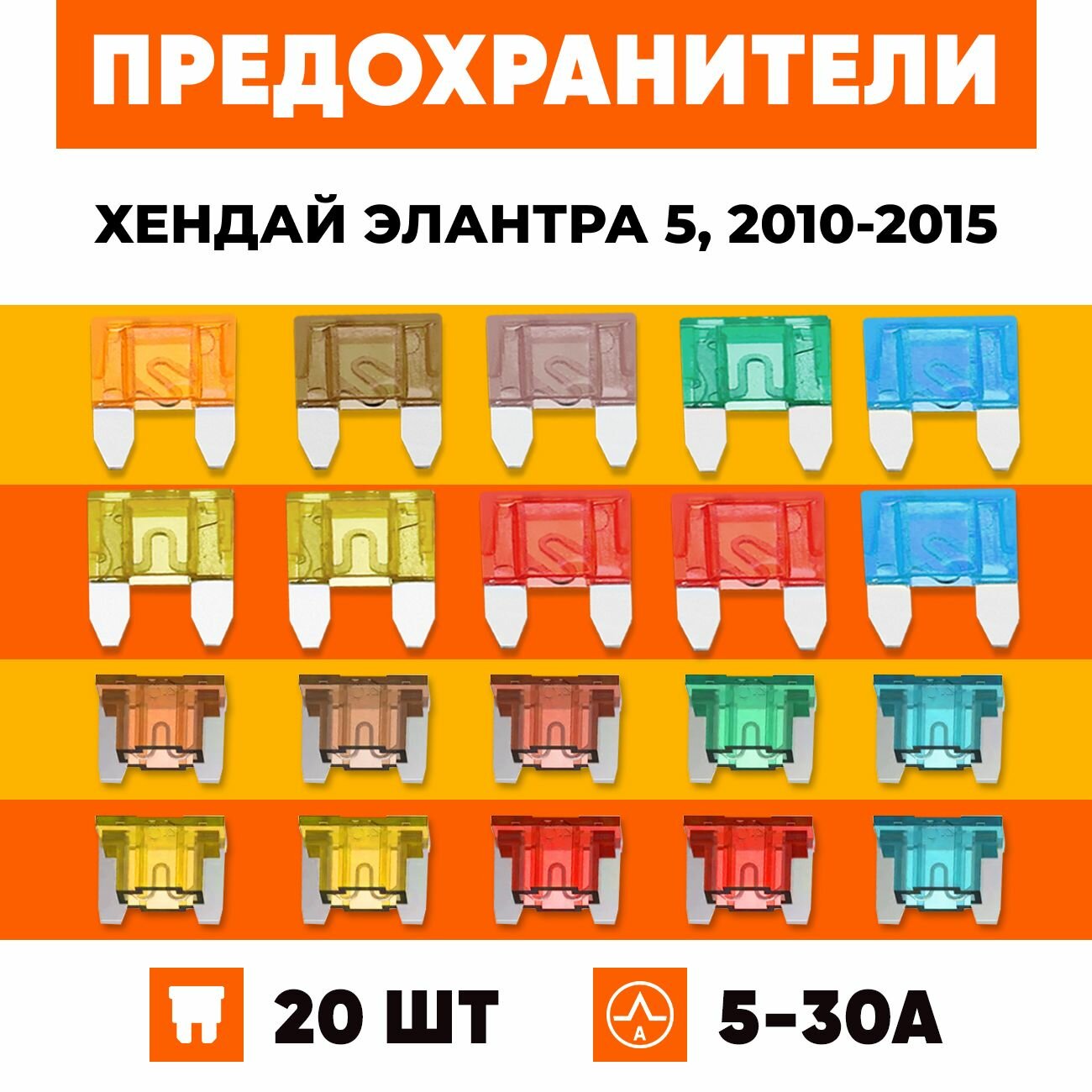 Предохранители флажковые Хендай Элантра 5, 2010-2015 набор Мини+Микро 20 шт
