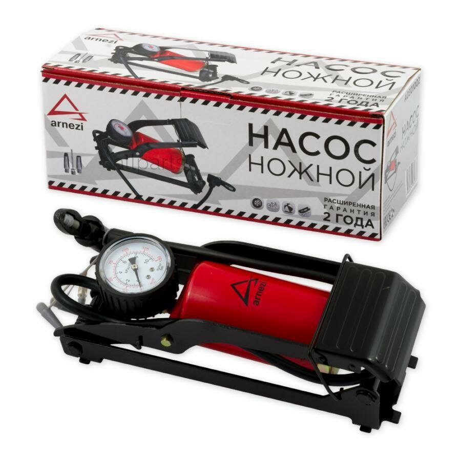 ARNEZI A0301002 Насос воздушный ножной, одноцилиндровый 360 см 3 с манометром 0-9Атм и шлангом L=60 см ARNEZI A0301002