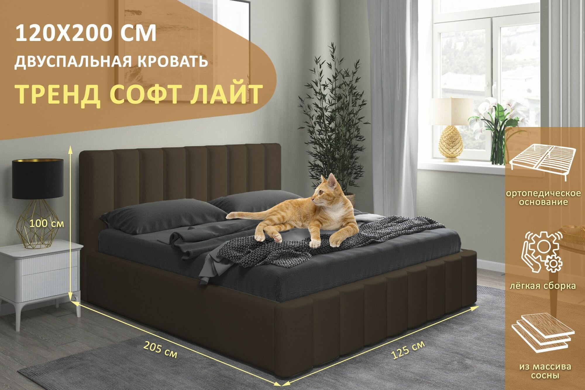 Двуспальная кровать Тренд Софт Лайт 120х200 см, с ортопедическим подъемным механизмом, без ножек, цвет черно-коричневый