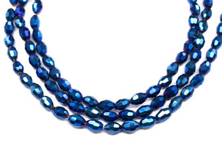 Бусина стеклянная граненая овальная 6х4мм, цвет синий, гальваническое покрытие, 547-018, 1 нить (около 39см, около 65шт)