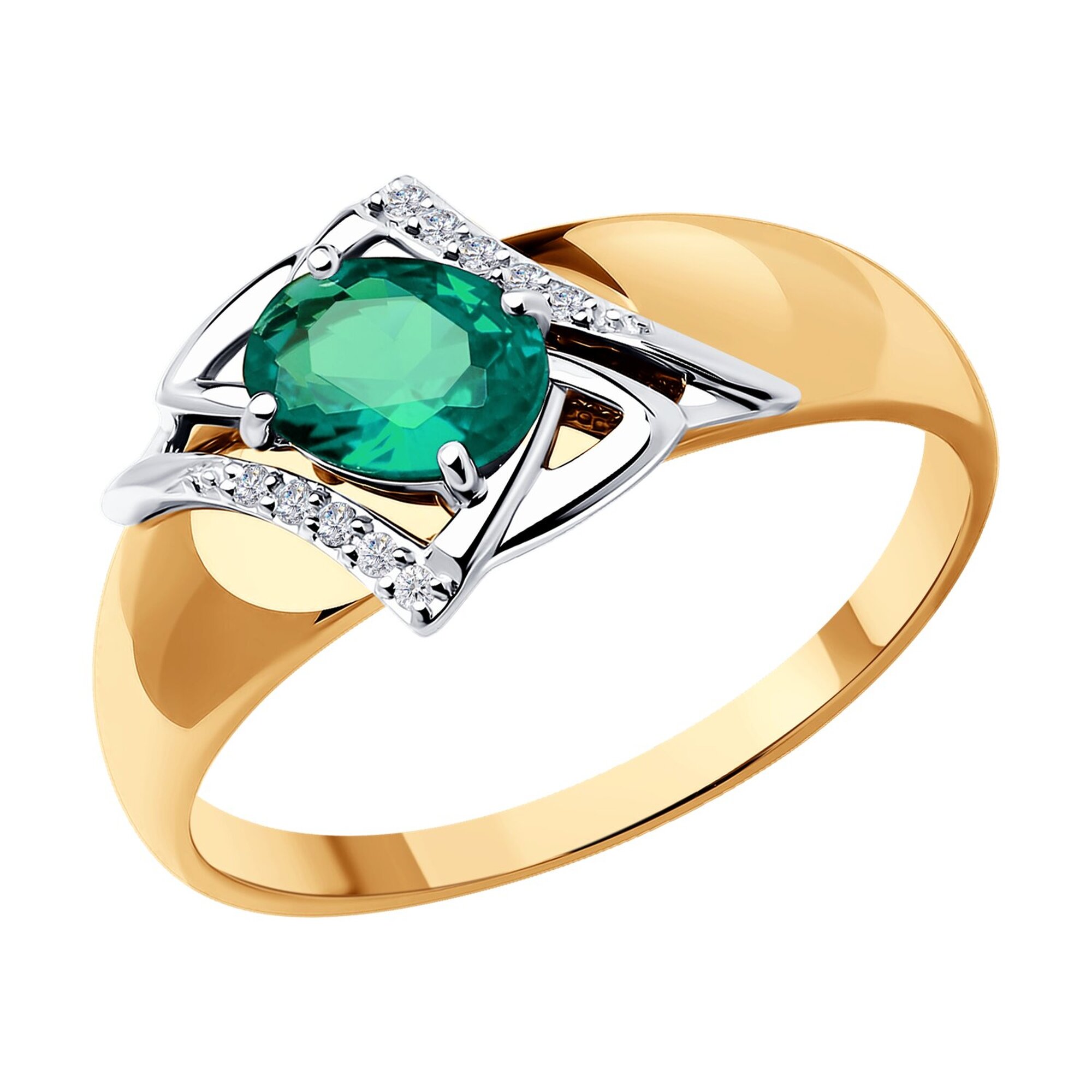 Кольцо, красное золото, 585 проба, бриллиант, изумруд синтетический