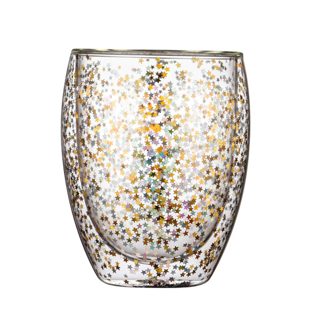 Прозрачные стеклянные кофейные чашки с двойной стенкой, термостойкие, с креативным узором звезд и блестками для виски и пива