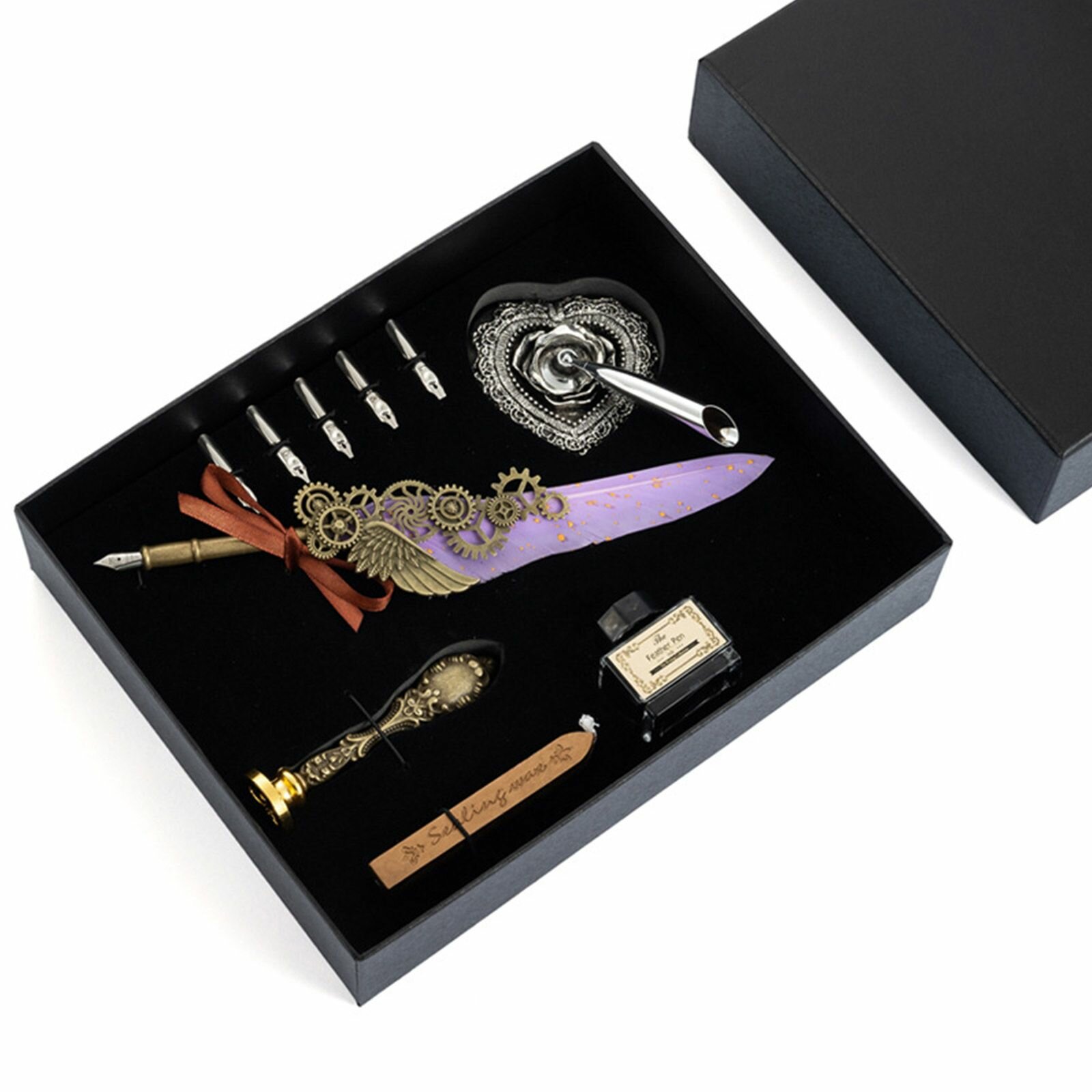 Антикварный набор перьев для каллиграфии с чернилами и восковым печатью