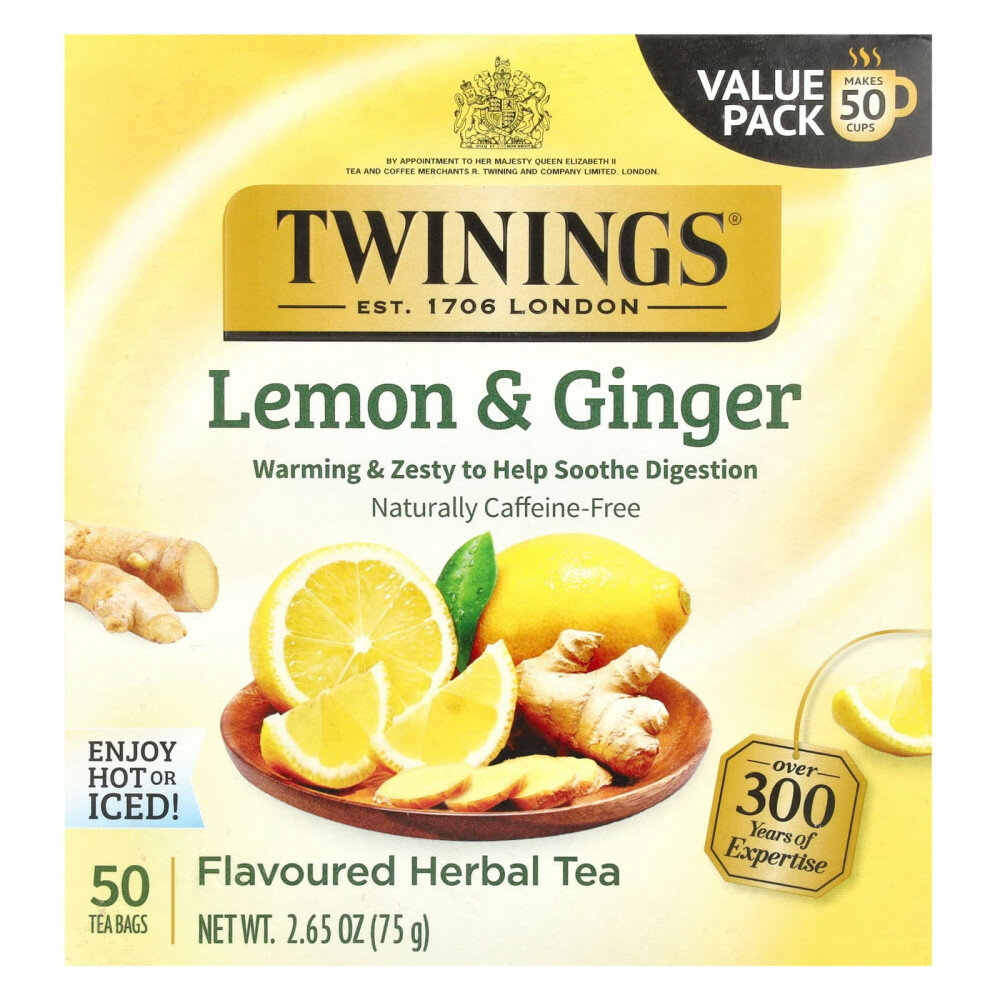 Twinings, ароматизированный травяной чай, лимон и имбирь, без кофеина, 50 чайных пакетиков, 75 г (2,65 унции)