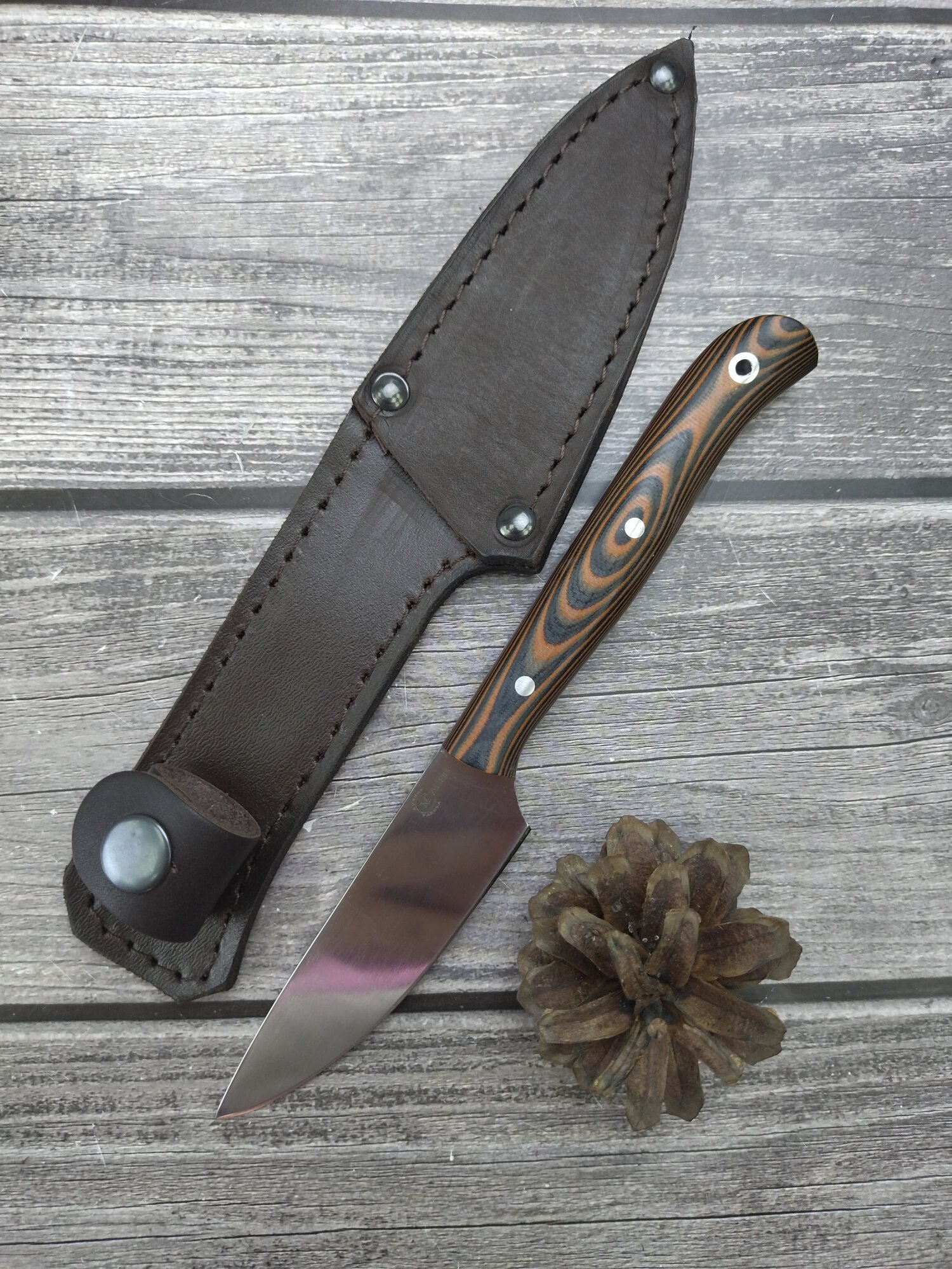 Кухонный нож Овощной-1, сталь AUS-8, рукоять G10, цельнометаллический, ножны из натуральной кожи, Официальный магазин производителя Мастерская Семина