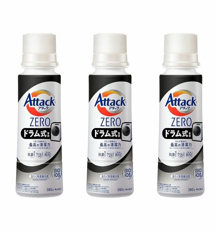 KAO Attack ZERO Жидкое средство для стирки, суперконцентрат, с защитой от повторного оседания грязи при стирке, 380 г, 3 штуки.