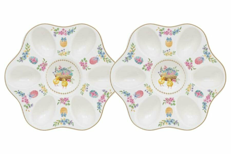 Набор 2 блюда для яиц, 21 см, 6 отд, фарфор P, белое, Цыплята и цветы, Spring Bloom (Easy Life)