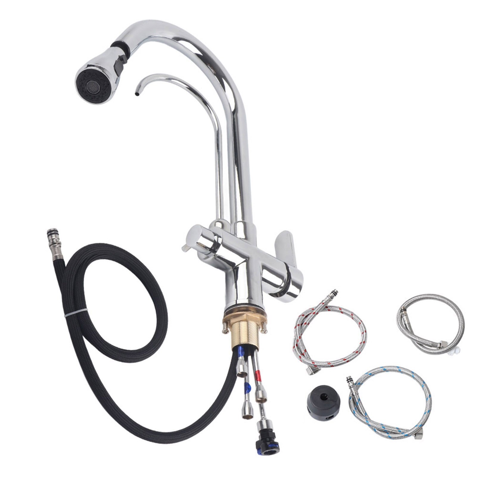 Современный фильтр-очиститель воды G1/2 3 в 1 для кухонного крана с двумя выдвижными ручками, краном для горячей и холодной воды (с гальваническим покрытием).