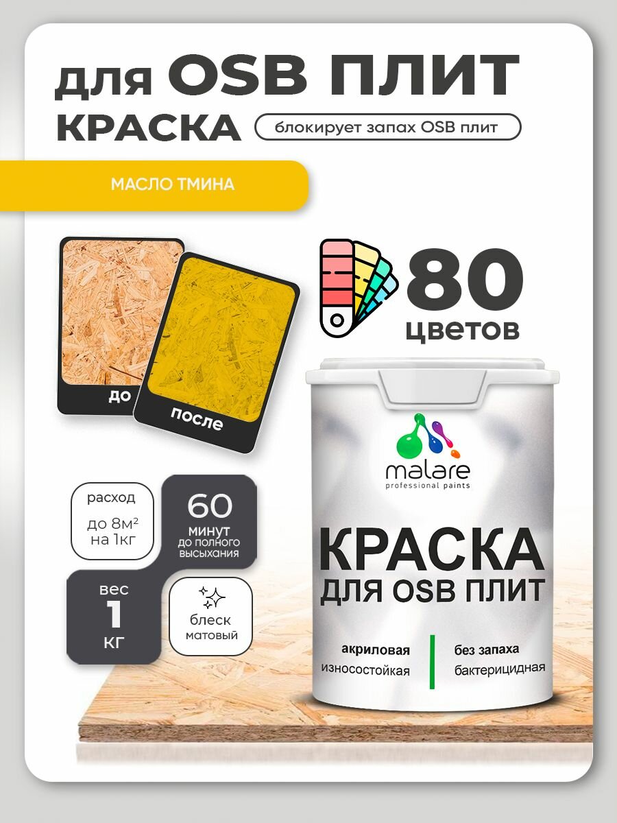 Акриловая краска для ОСБ плит Malare для дерева для наружных и внутренних работ, быстросохнущая без запаха матовая, мокрый асфальт, 1 кг