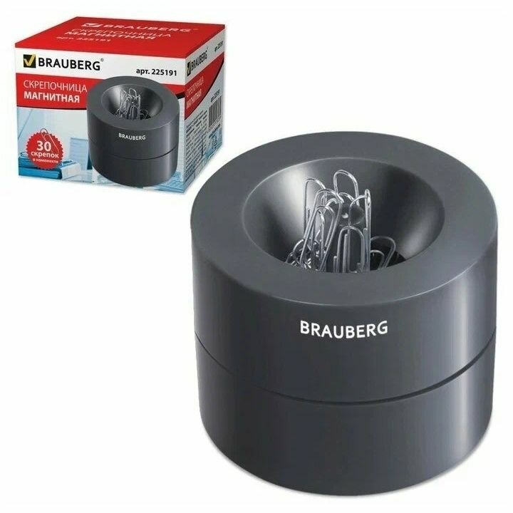 Скрепочница магнитная Brauberg С 30 скрепками, большой бочонок, черная (225191)