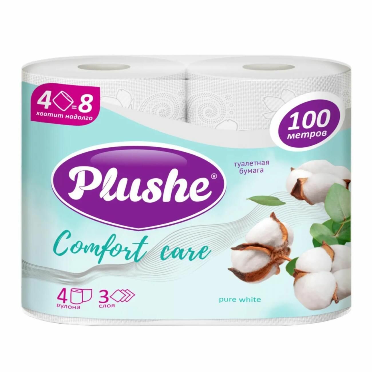 Туалетная бумага Plushe Comfort care Pure White 3 слоя, 4 рулона