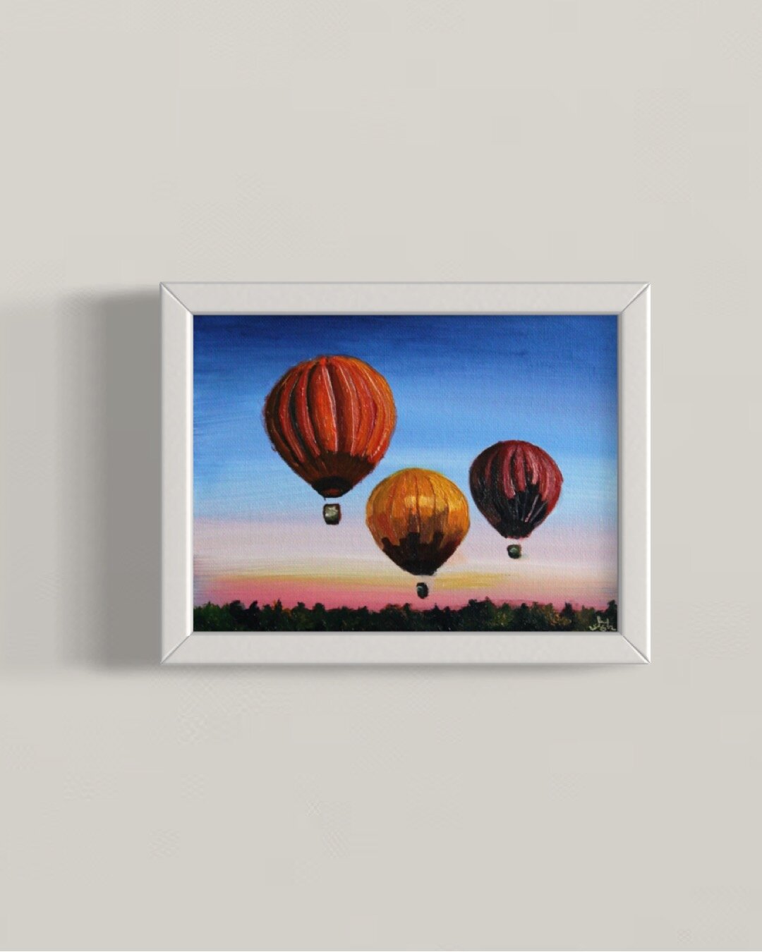 «Воздушные шары», миниатюра маслом, оформлена в белую рамку, размер 15х20 см